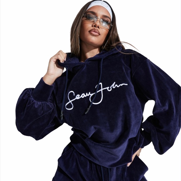 Sean John | Tops | Sean John Navy Velour Balloon Sleeve Hoodie | Poshmark